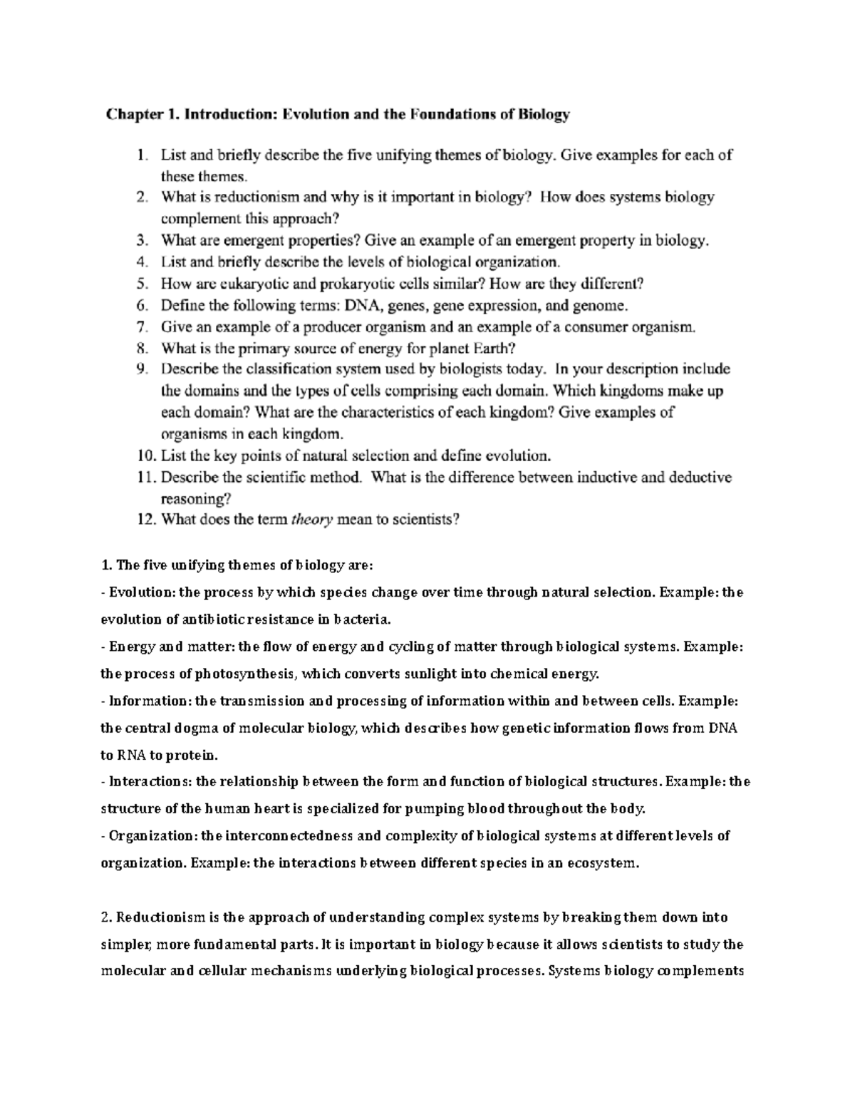 Chapter 1 Learning Outcomes - The five unifying themes of biology are ...
