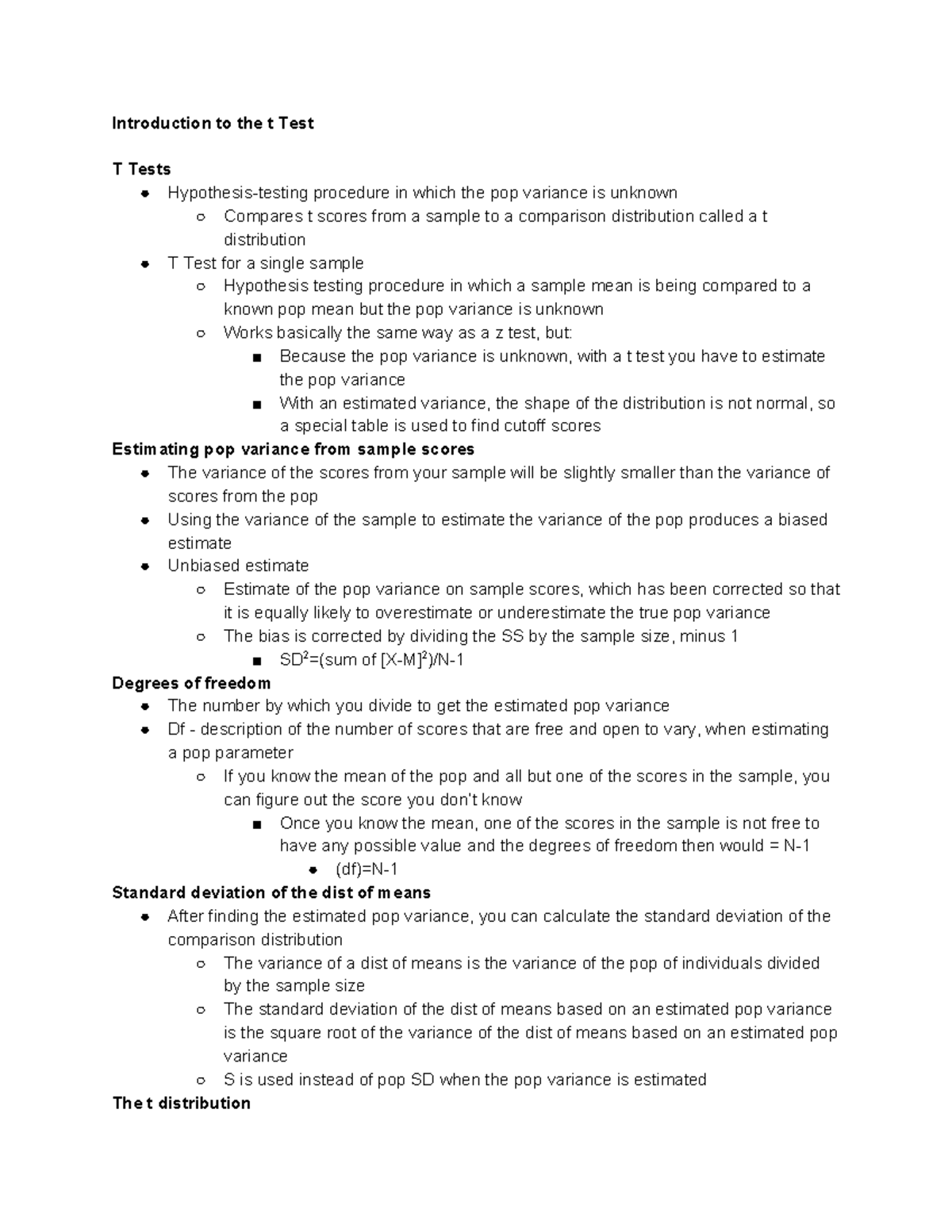 Chapter 8 Lecture Notes Introduction to the t Test and Degrees of ...