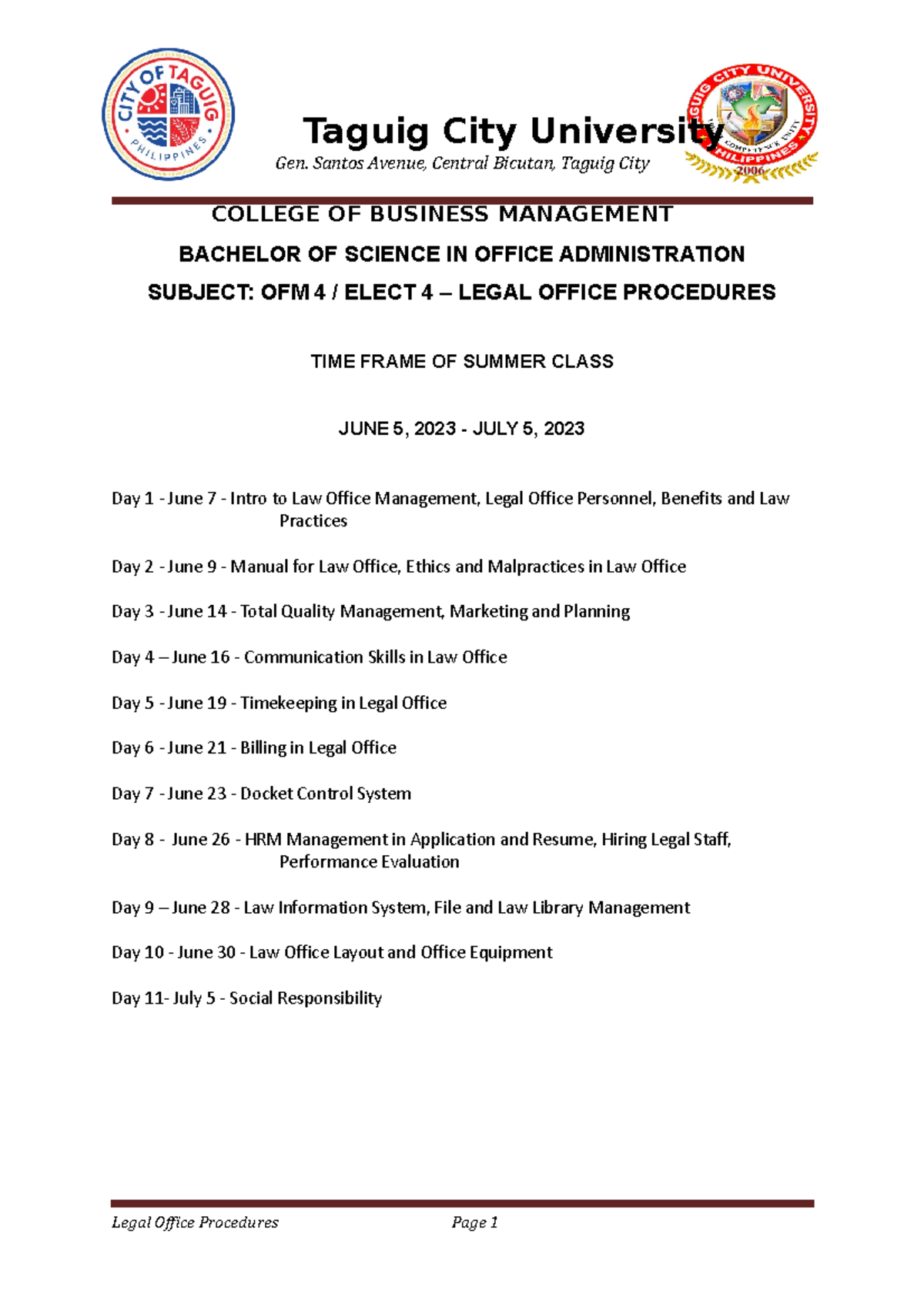 Elec 4 OFM4 Module 1 - ABOUT LEGAL OFFICE IN COLLEGE - Taguig City ...