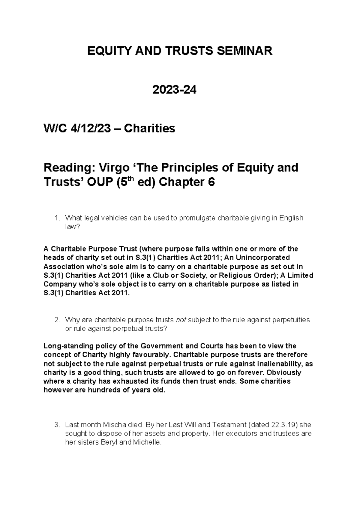 Charities Seminar Answer Guidance - EQUITY AND TRUSTS SEMINAR 2023- W/C ...
