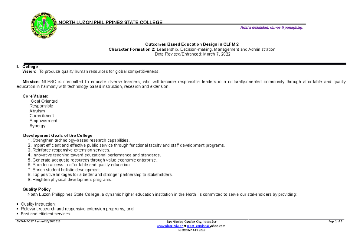 Syllabus-CFLM2 CRIM EVERY AY MAGANDA - Outcomes Based Education Design in CLFM 2 Character ...