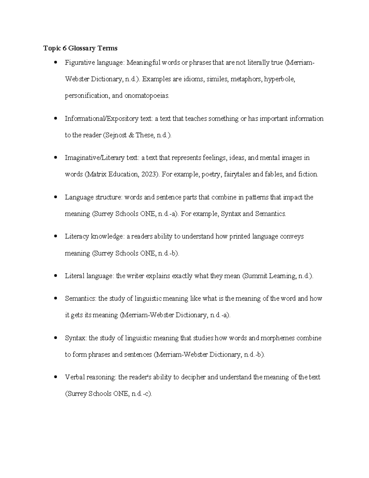 Topic 6 Reading Toolkit - Topic 6 Glossary Terms Figurative language ...