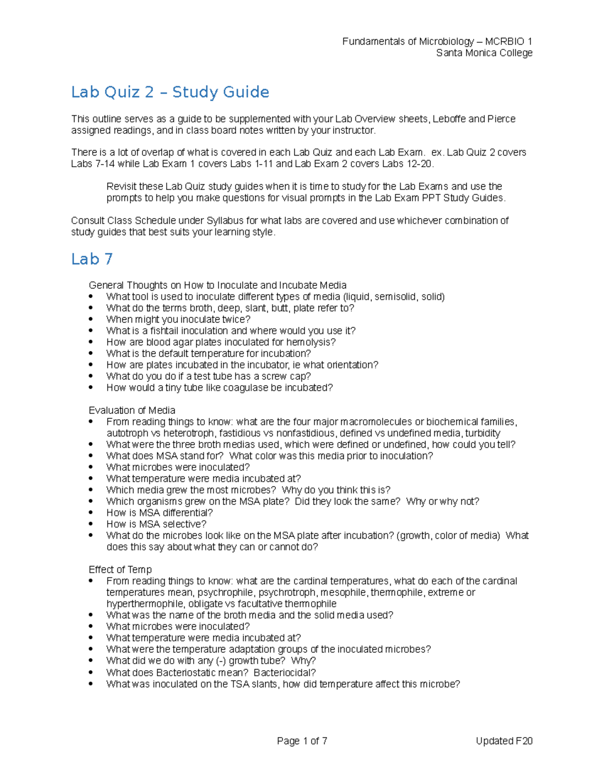 Lab Quiz 2 - study guide 083020 - Santa Monica College Lab Quiz 2 ...