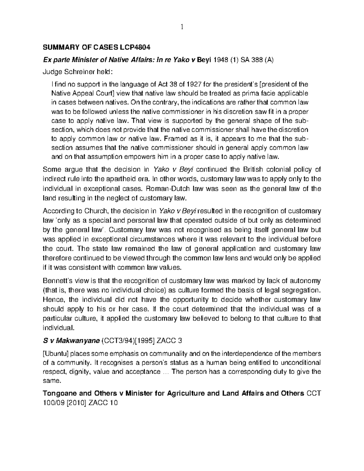 Case Summaries 20-8-2022 - SUMMARY OF CASES LCP Ex parte Minister of Native Affairs: In re Yako ...