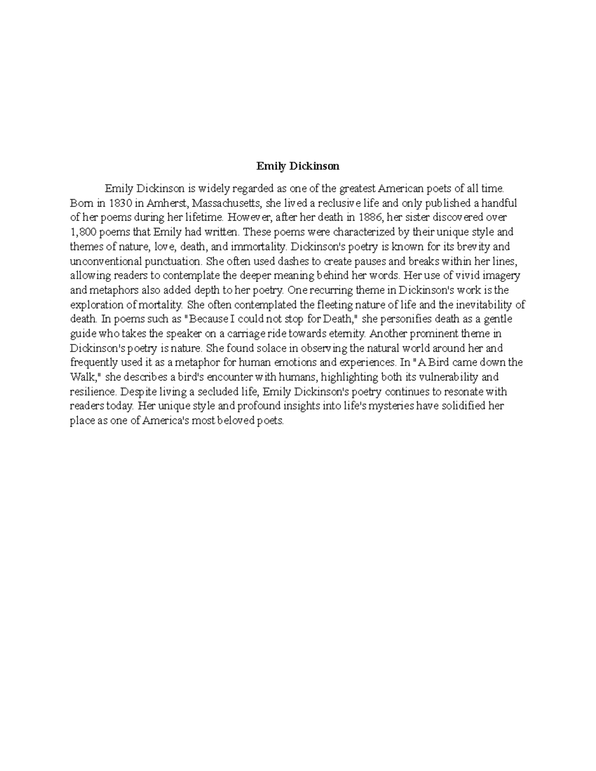 Emily Dickinson - Book Report - Emily Dickinson Emily Dickinson is ...