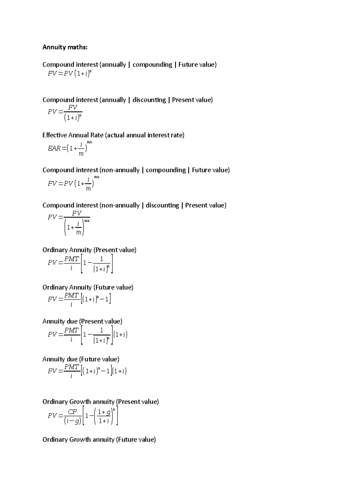 Foundation of Finance formula sheet - Annuity maths: Compound interest ...