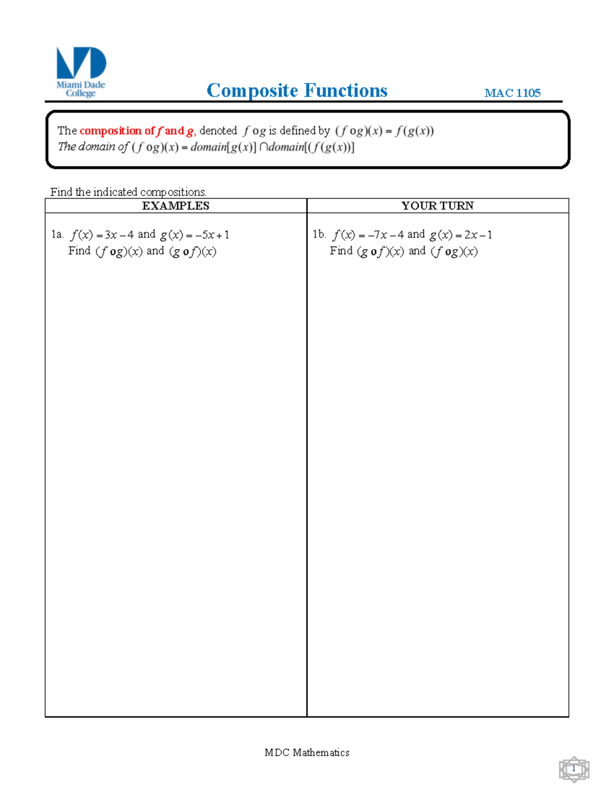 MAC1105Composite Functions Sec.6.1 - MDC Mathematics 1 Composite Functions MAC 1105 Find the ...