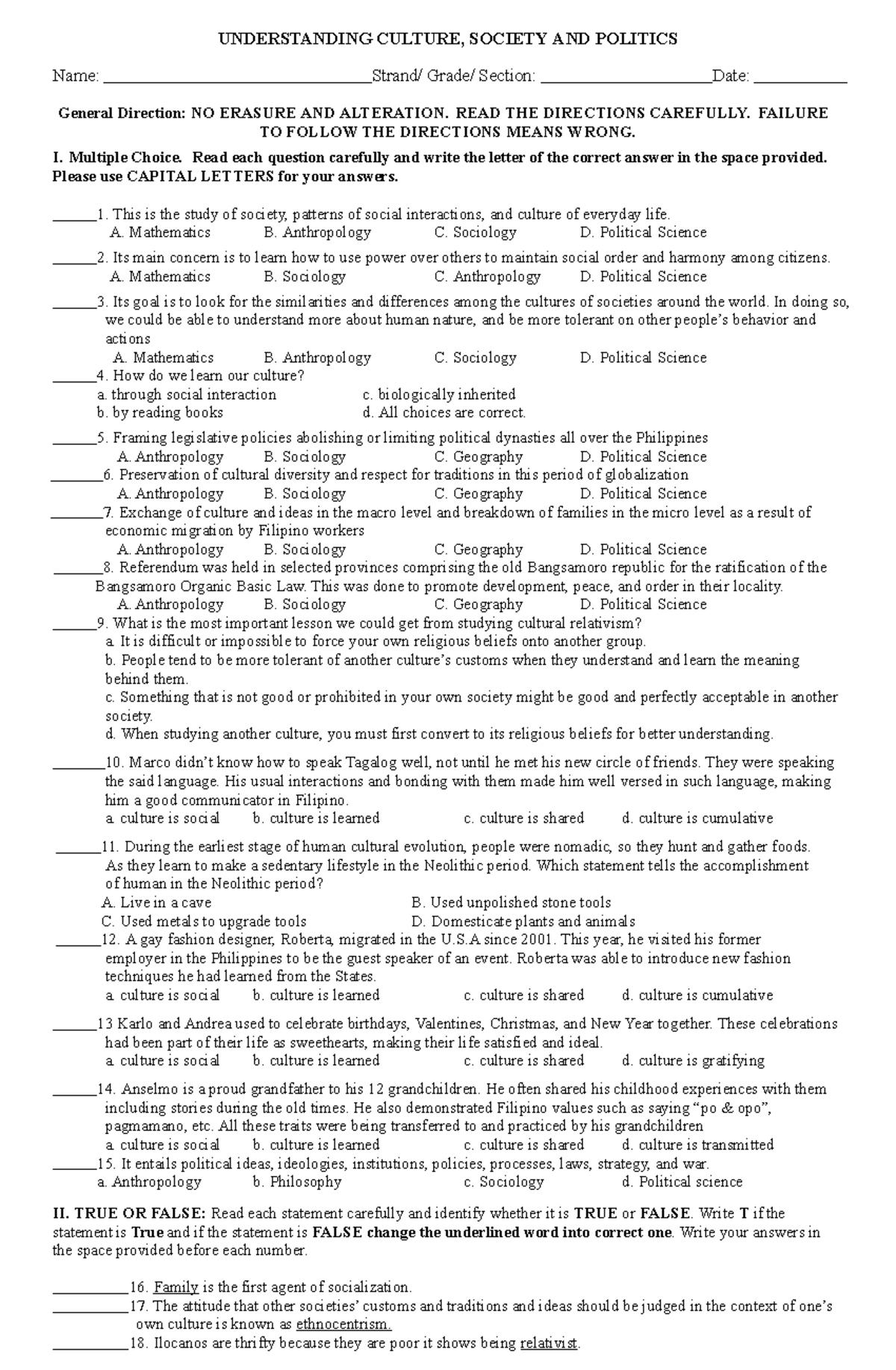 Final edit UCSP 1st QTR exam - UNDERSTANDING CULTURE, SOCIETY AND ...