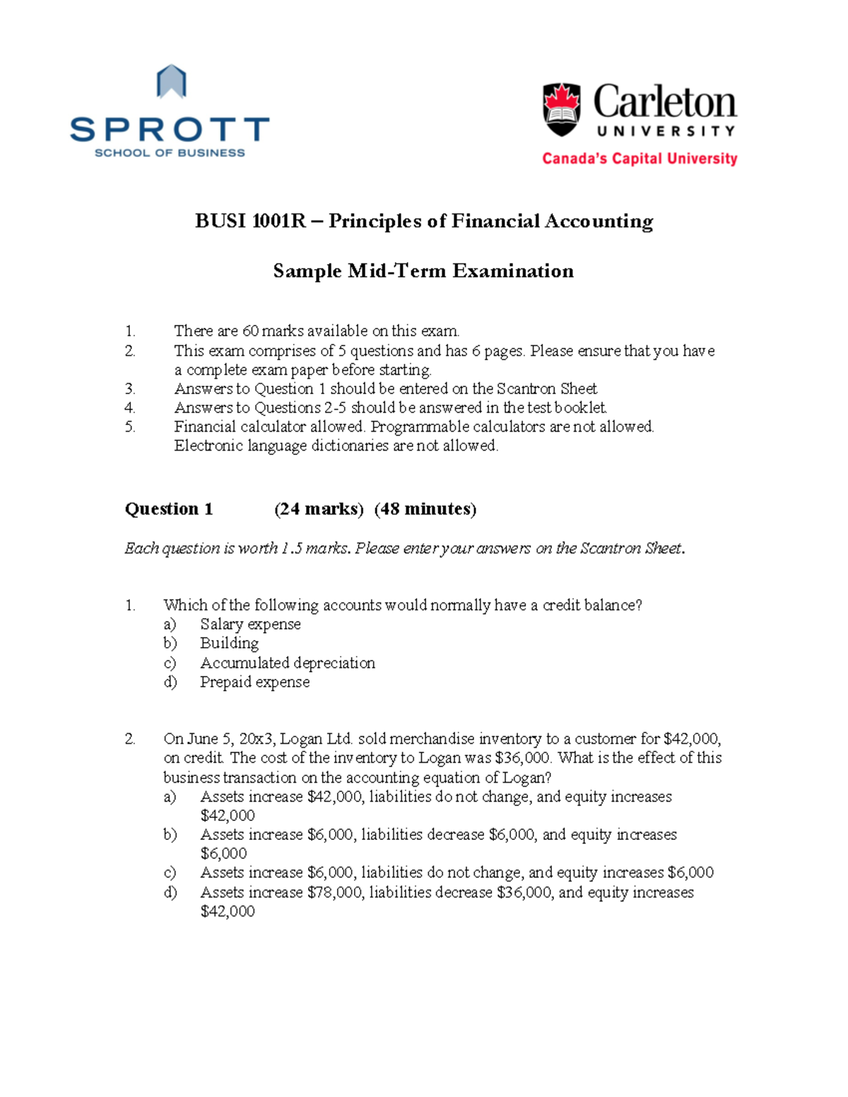 Sample Mid Term - midterm - BUSI 1001R – Principles of Financial ...