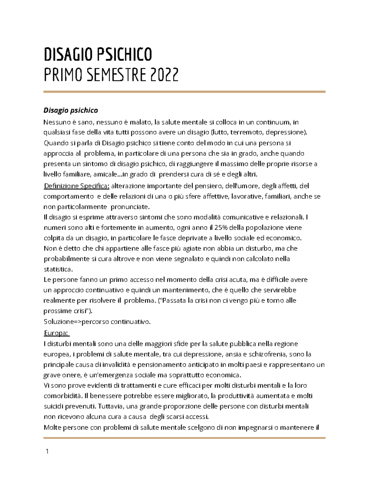 Disagio psichico - DISAGIO PSICHICO PRIMO SEMESTRE 2022 Disagio ...