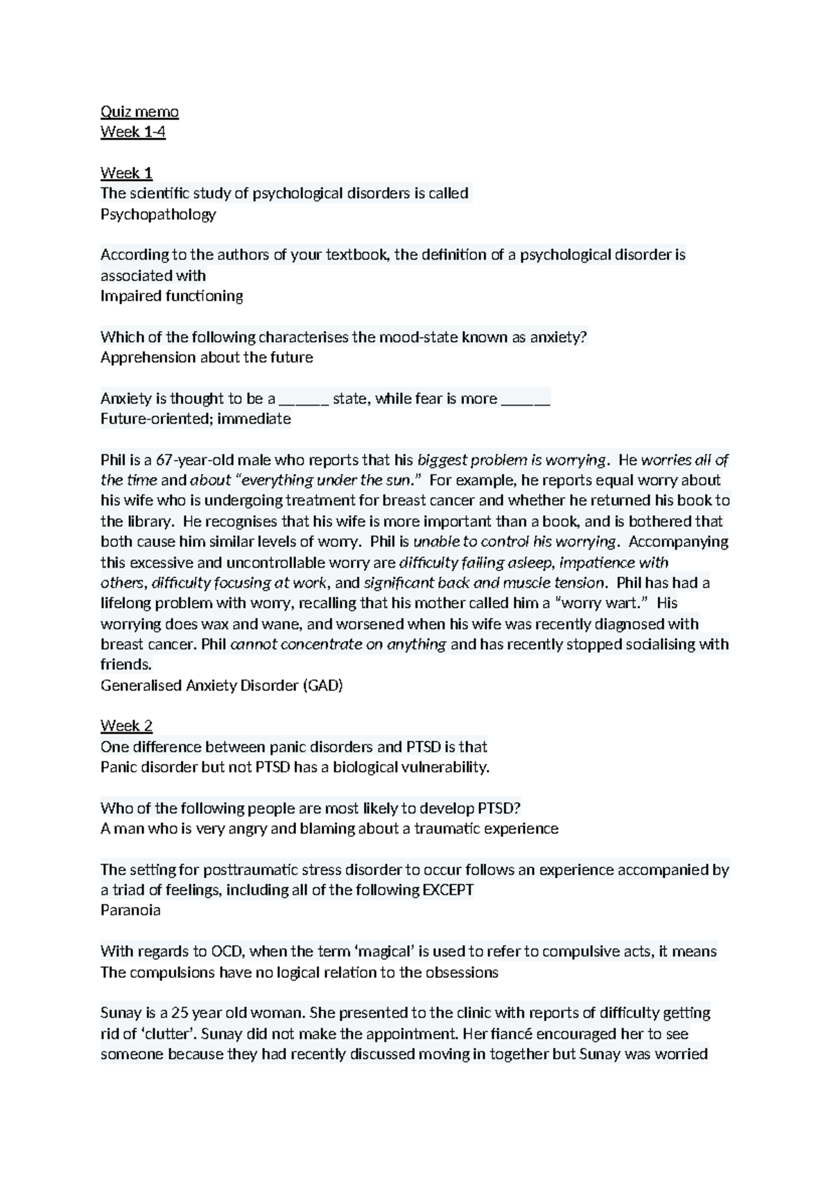 Psychology 314 Practice Test Memo - Quiz memo Week 1- Week 1 The ...