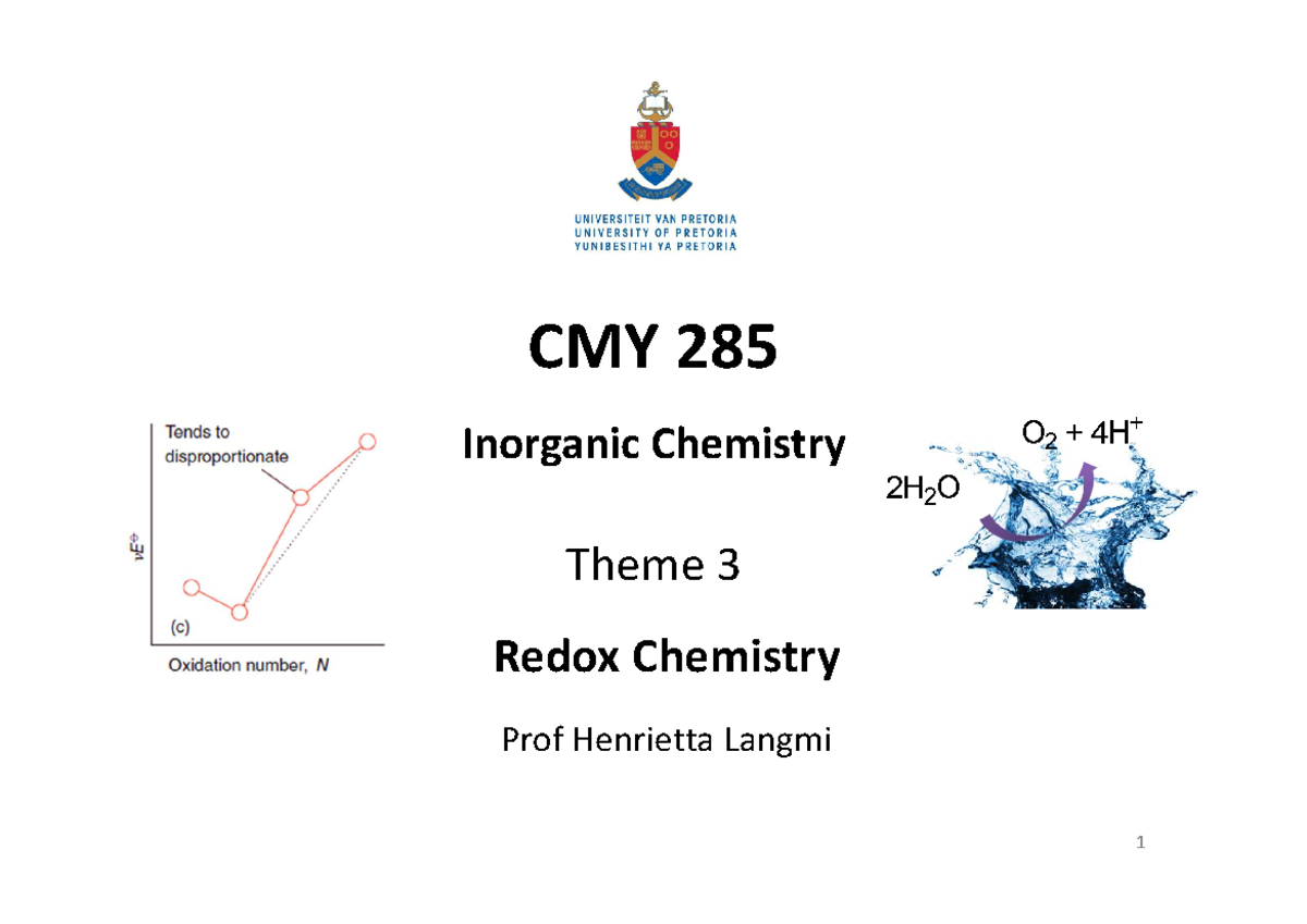 CMY285 L6 - Lecture notes - CMY 285 Redox Chemistry Theme 3 Inorganic ...