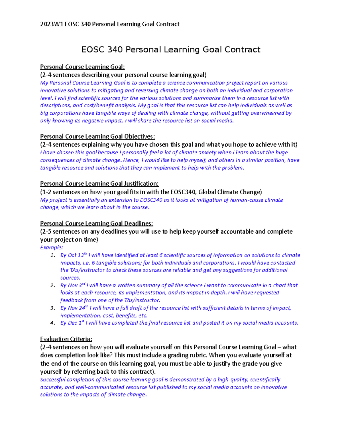 Personal Course Learning Goal Contract-1 - 2023W1 EOSC 340 Personal ...