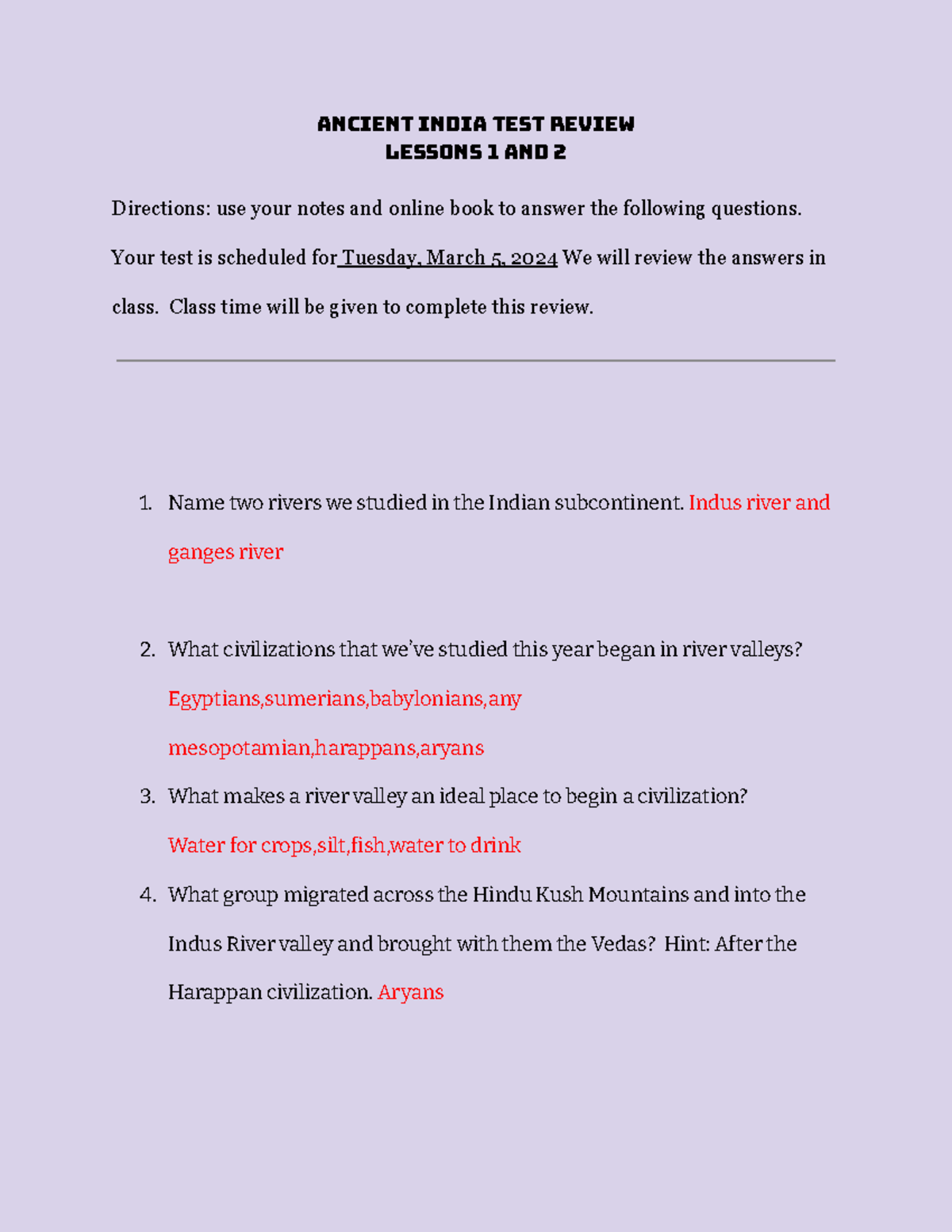 Ancient India Test Review (lessons 1 and 2) - Ancient India test review ...
