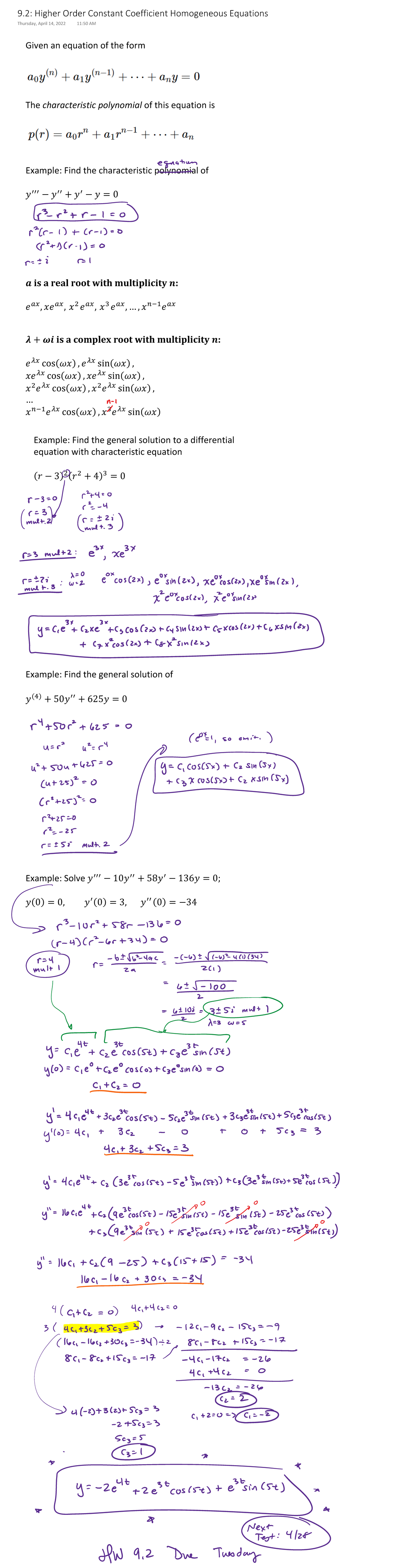9.2 Higher Order Constant Coefficient Homogeneous Equations - Given an ...