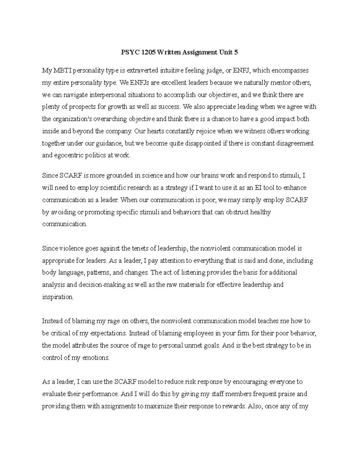 PSYC 1205 Written Assigment 5 - PSYC 1205 Written Assignment Unit 5 My MBTI personality type is ...