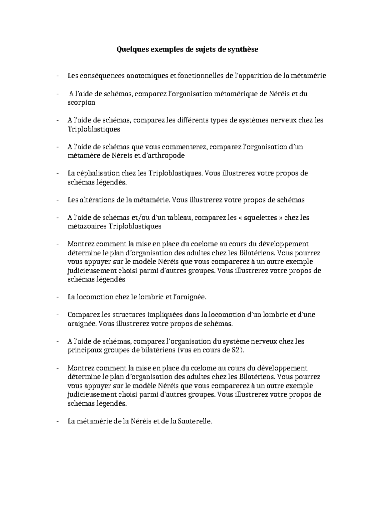 Annales - Sujets de synthèse en zoologie L1S2 - Quelques exemples de ...