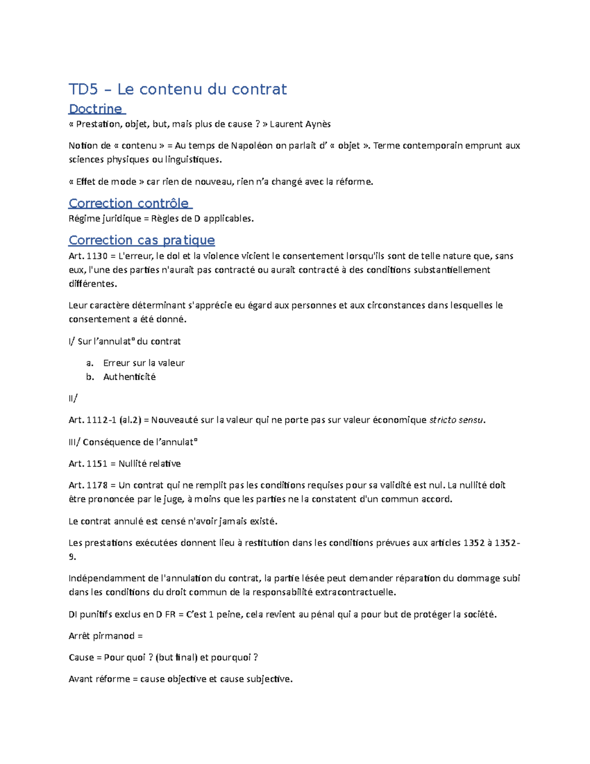 TD5 - Le contenu du contrat - TD5 – Le contenu du contrat Doctrine « Prestation, objet, but ...