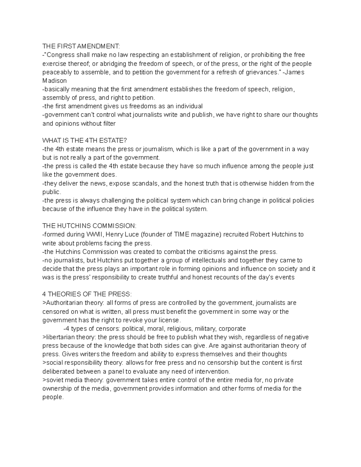 amendments concerning journalism - THE FIRST AMENDMENT: -“Congress ...