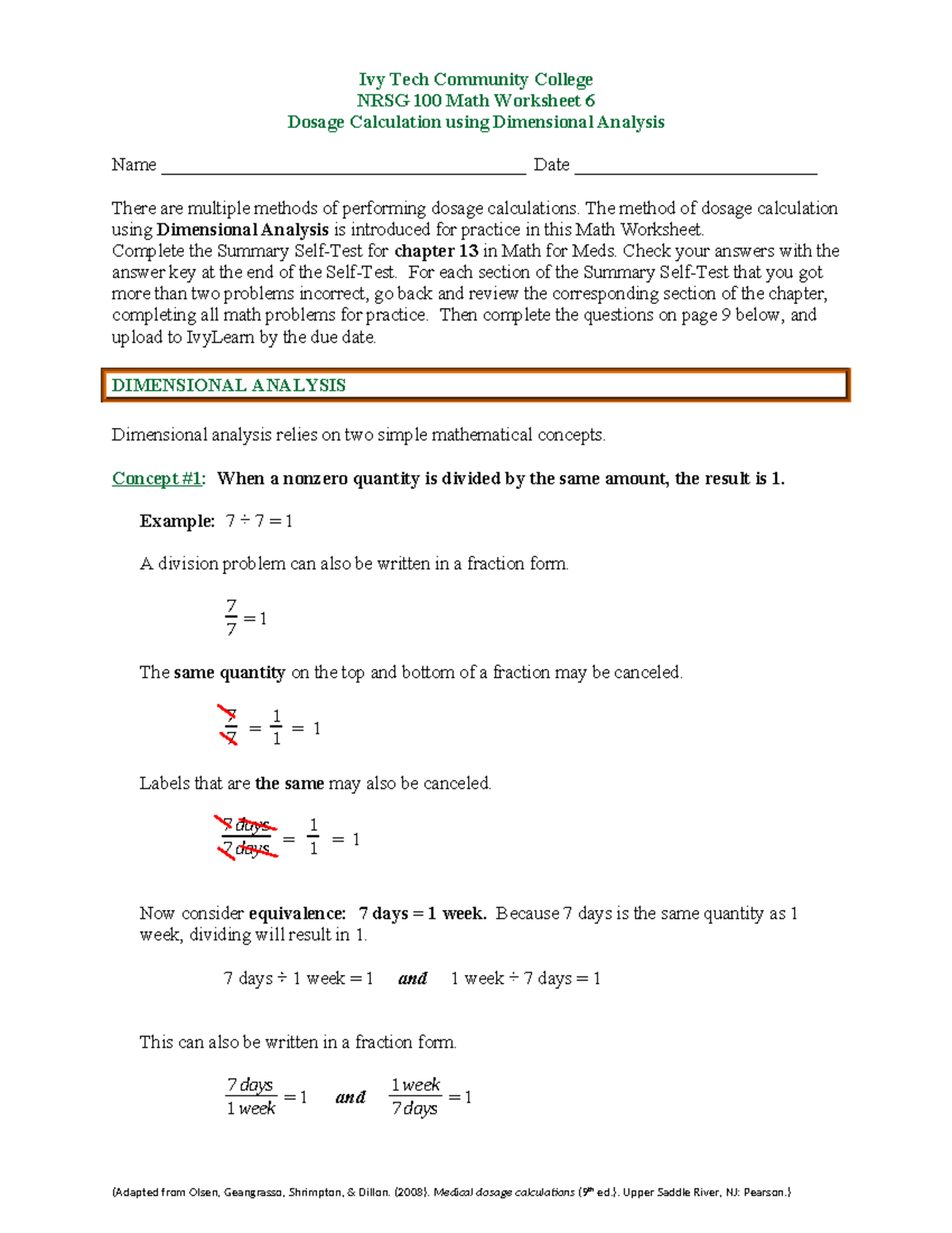 Math Worksheet 6 Fundamentals - Ivy Tech Community College NRSG 100 ...
