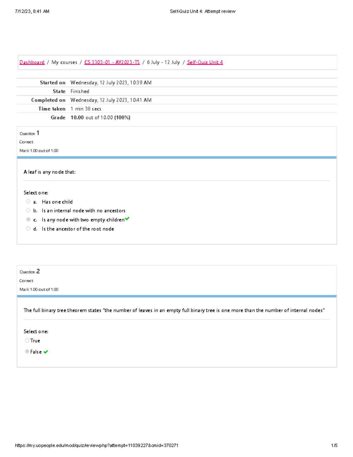 Self-Quiz Unit 4 Attempt review - CS 3303 - UoPeople - Studocu
