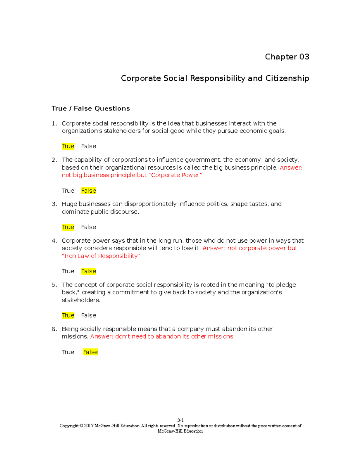 CSR Test Bank - BGS Practice Questions - Chapter 03 Corporate Social ...