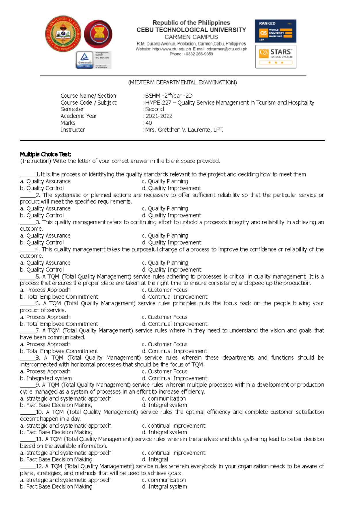 Midterm - HMPE 227 - REVIEW - (MIDTERM DEPARTMENTAL EXAMINATION) Course ...