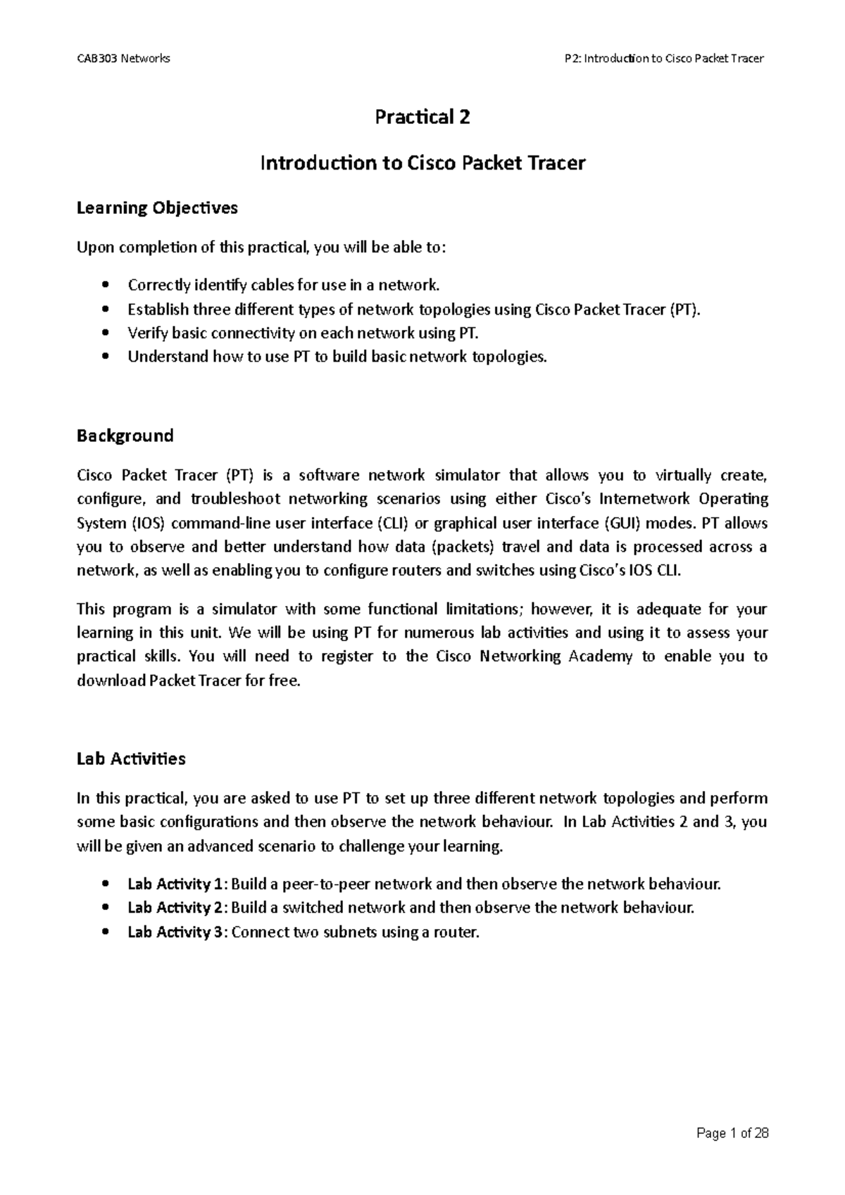 CAB303 Prac2 Introduction to Cisco Packet Tracer Solutions v1 ...
