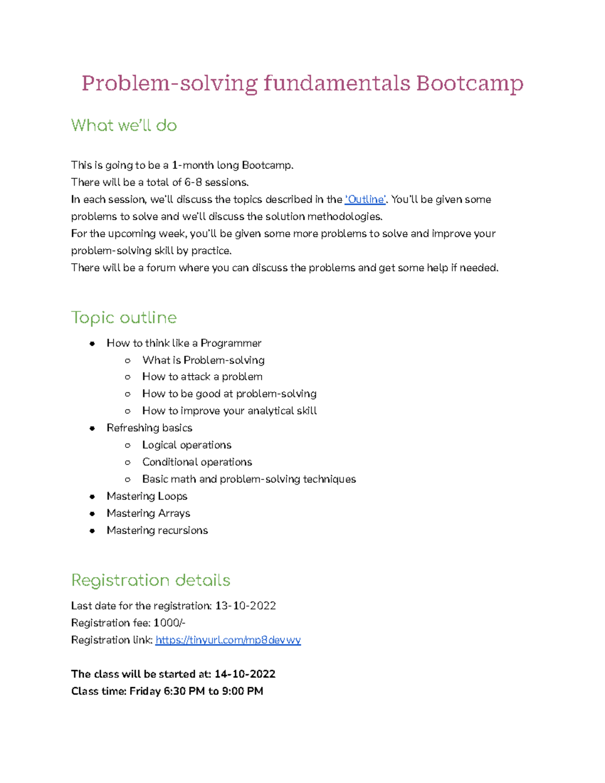 Problem Solving Fundamentals Bootcamp There Will Be A Total Of 6 8 Sessions In Each Session