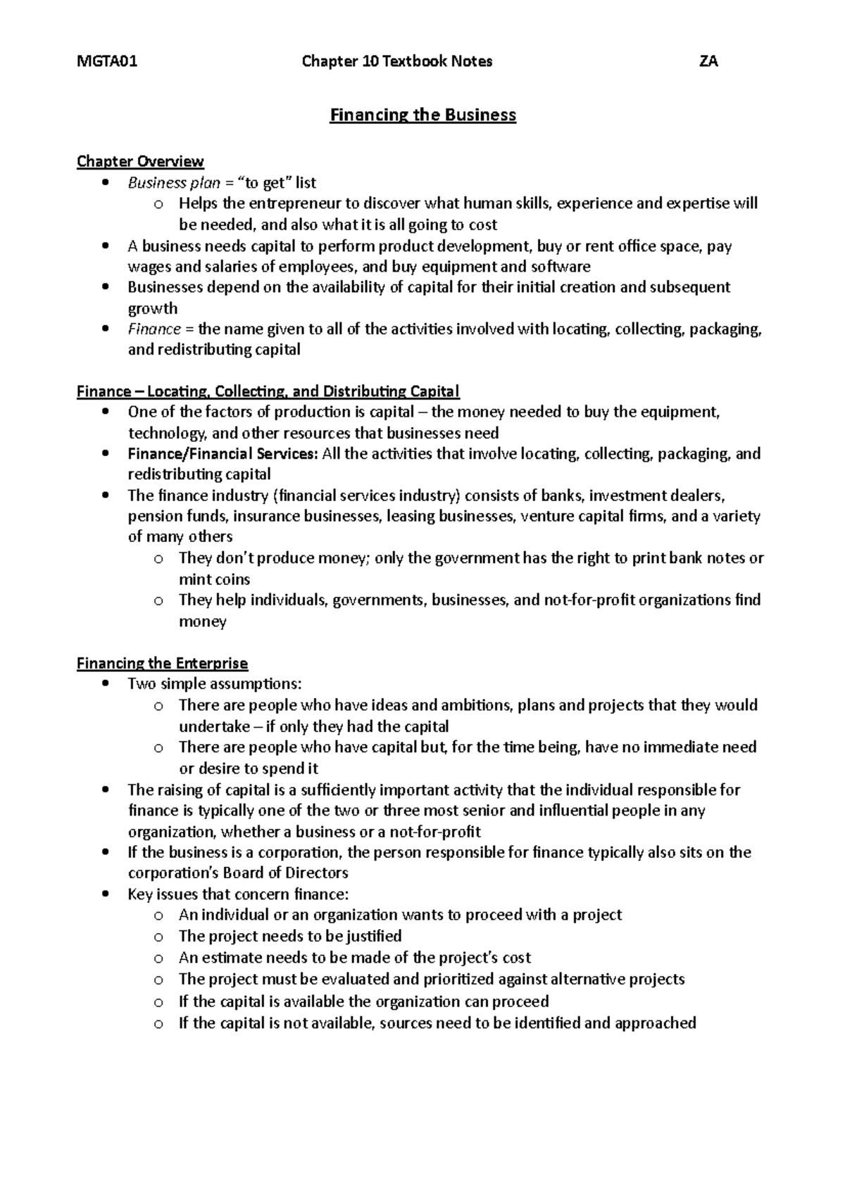 MGTA01 Chapter 10 Textbook Notes - Financing the Business Chapter ...