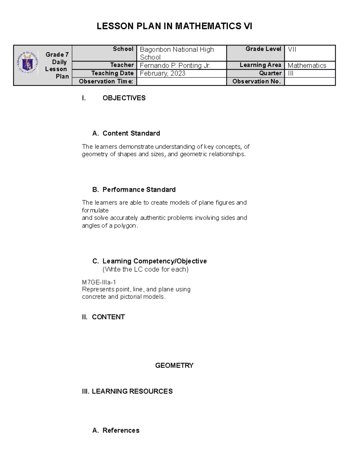 Undefined Terms Geometry - LESSON PLAN IN MATHEMATICS VI Grade 7 Daily ...