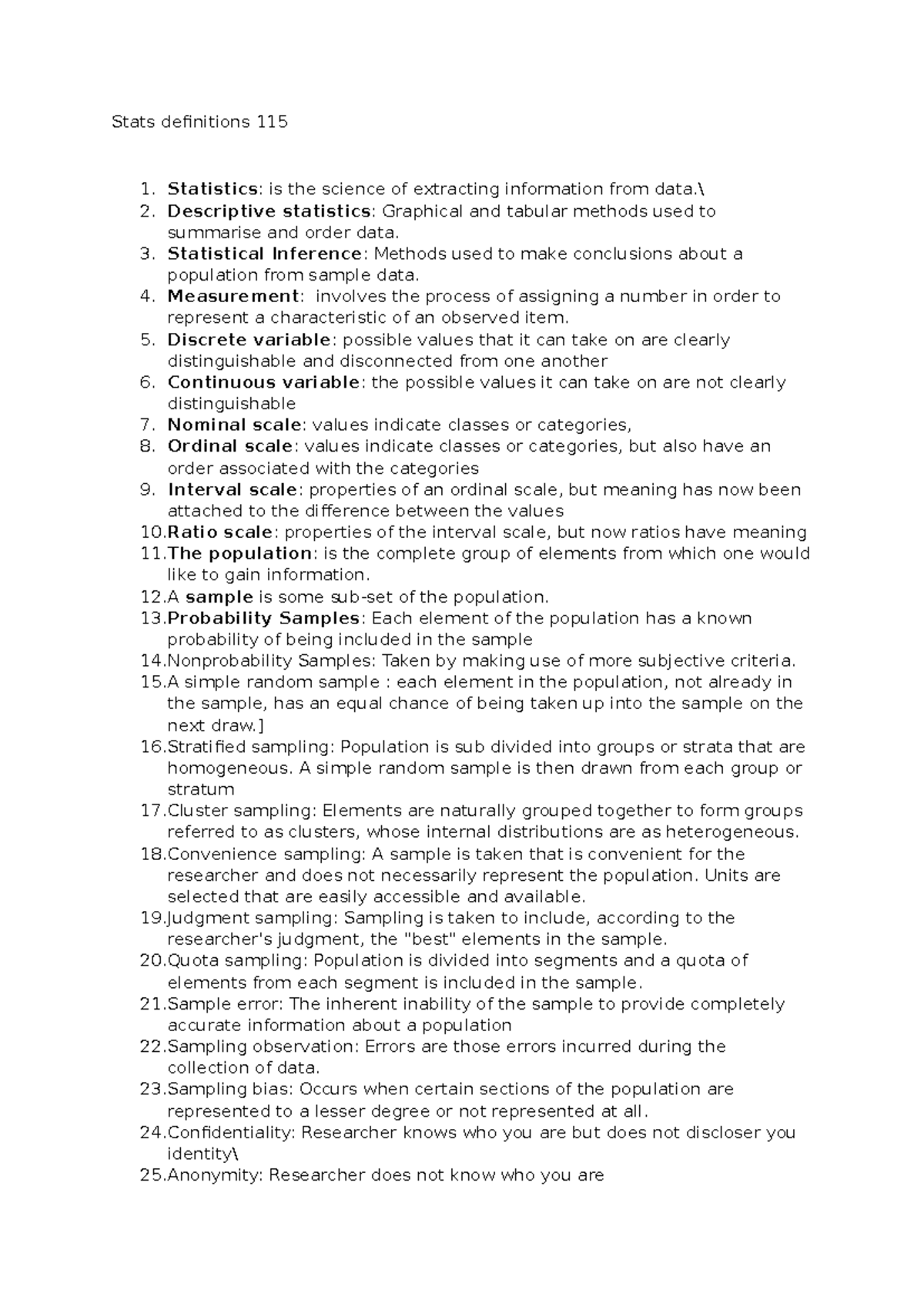 Stats definitions 115 - Stats definitions 115 1. Statistics: is the science of extracting - Studocu