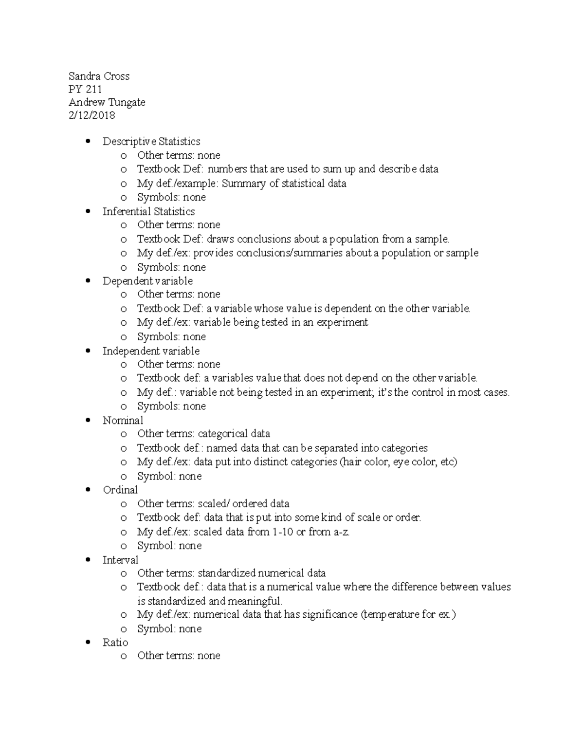 PY 211 Definitions:Outline - Sandra Cross PY 211 Andrew Tungate 2/12/2018 - Studocu