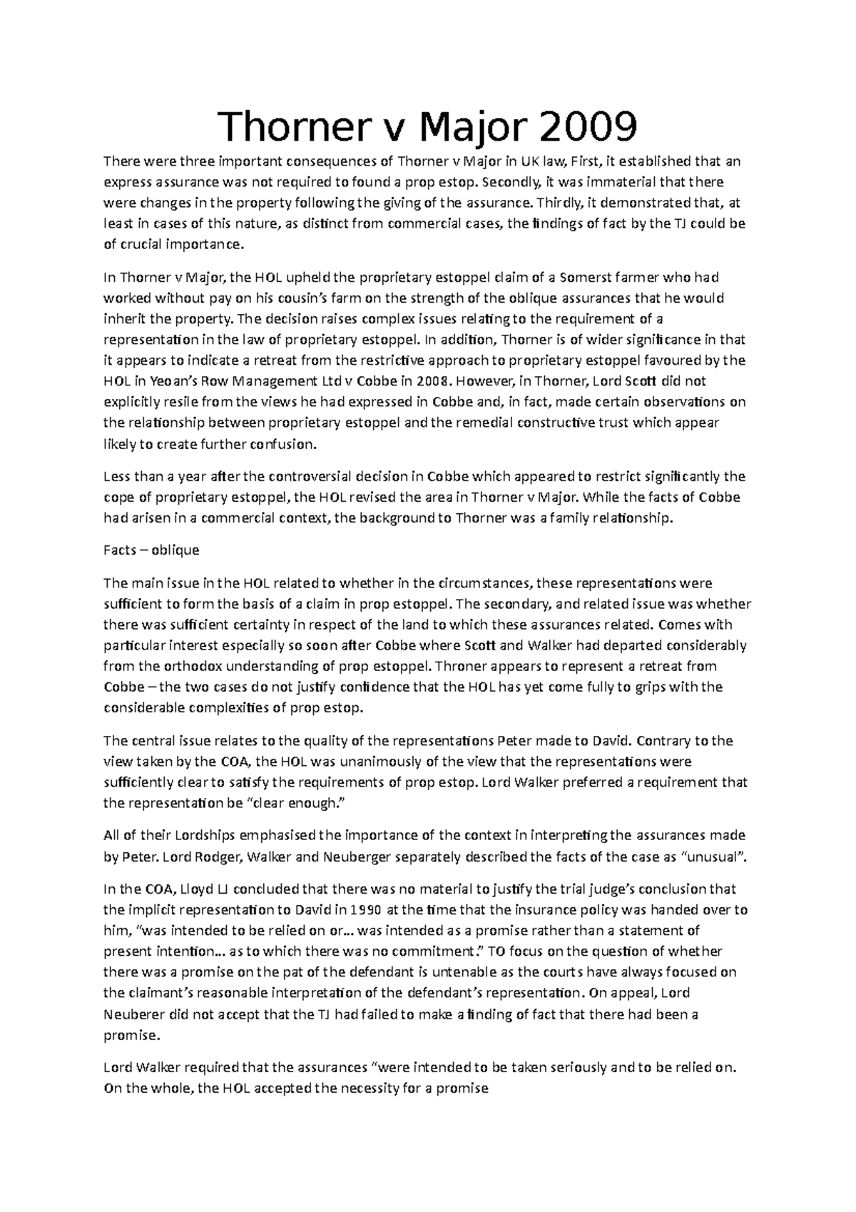 Thorner v Major 2009 Case Note - Thorner v Major 2009 There were three ...