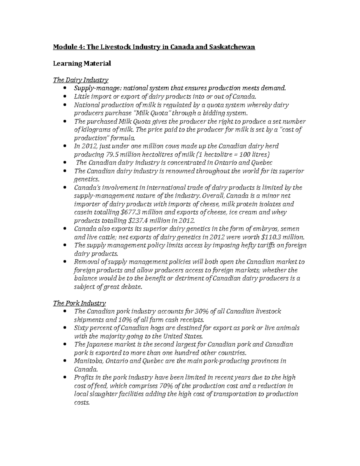 Module 4 - Lecture notes 4 - Module 4: The Livestock Industry in Canada ...