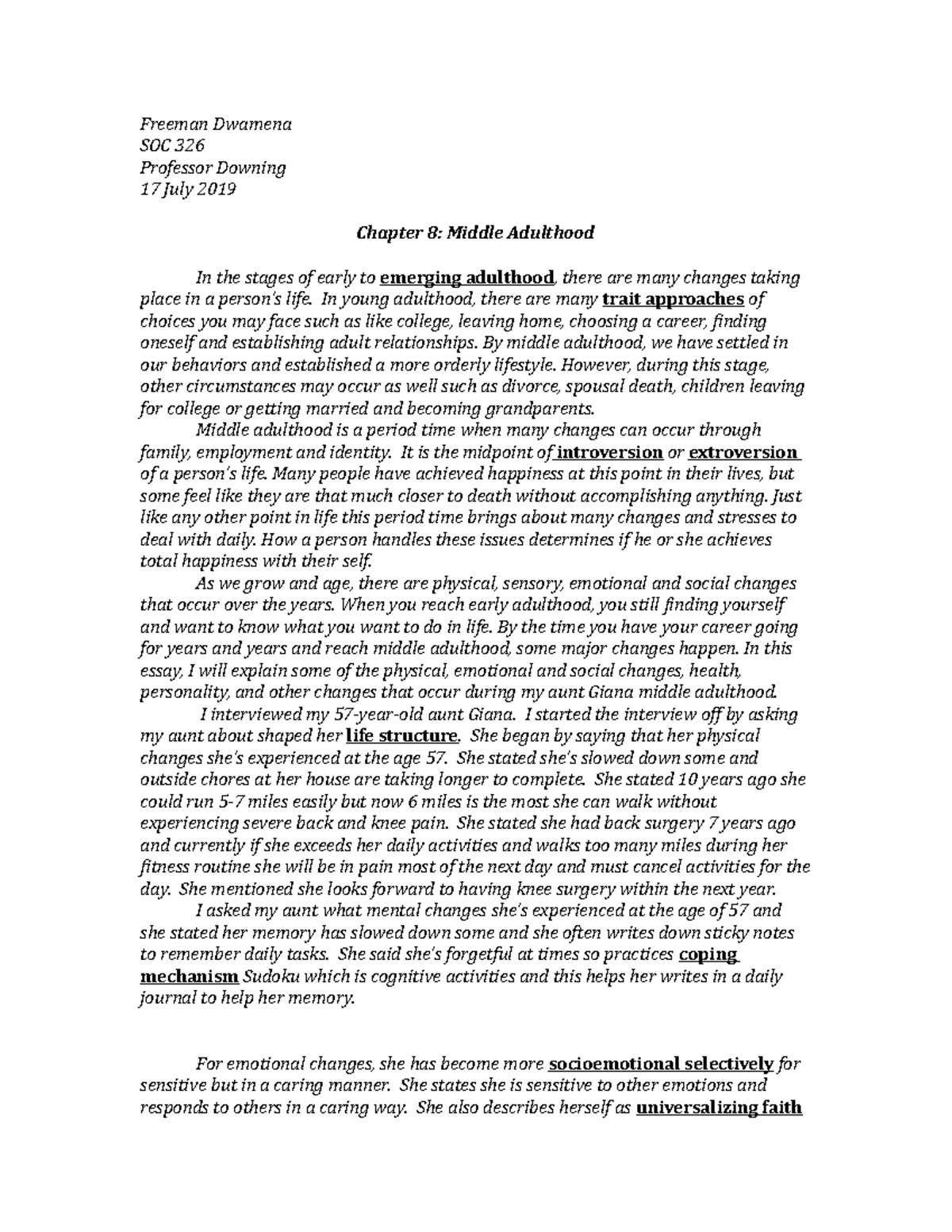 Chapter 8- Middle Adulthood - Freeman Dwamena SOC 326 Professor Downing ...