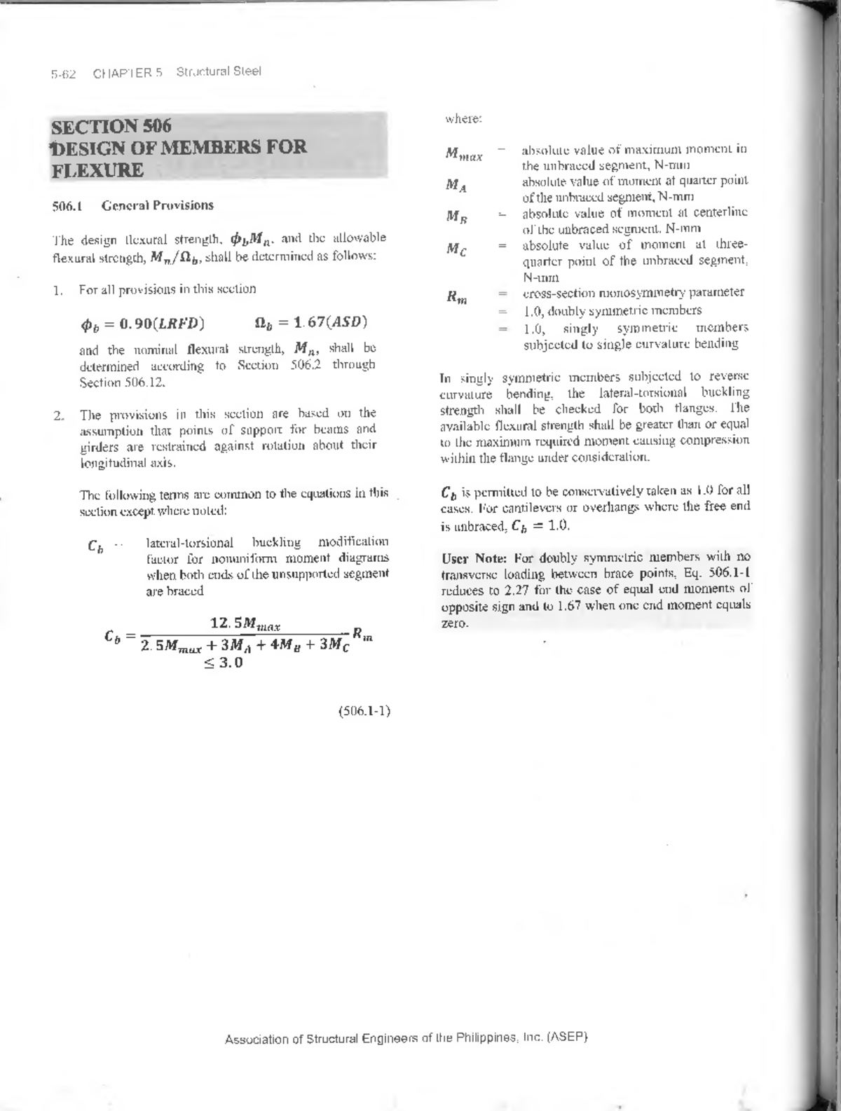 NSCP Flexure - 5-62 CHAPTER 5 - Structural Steel SECTION 506 DESIGN OF ...
