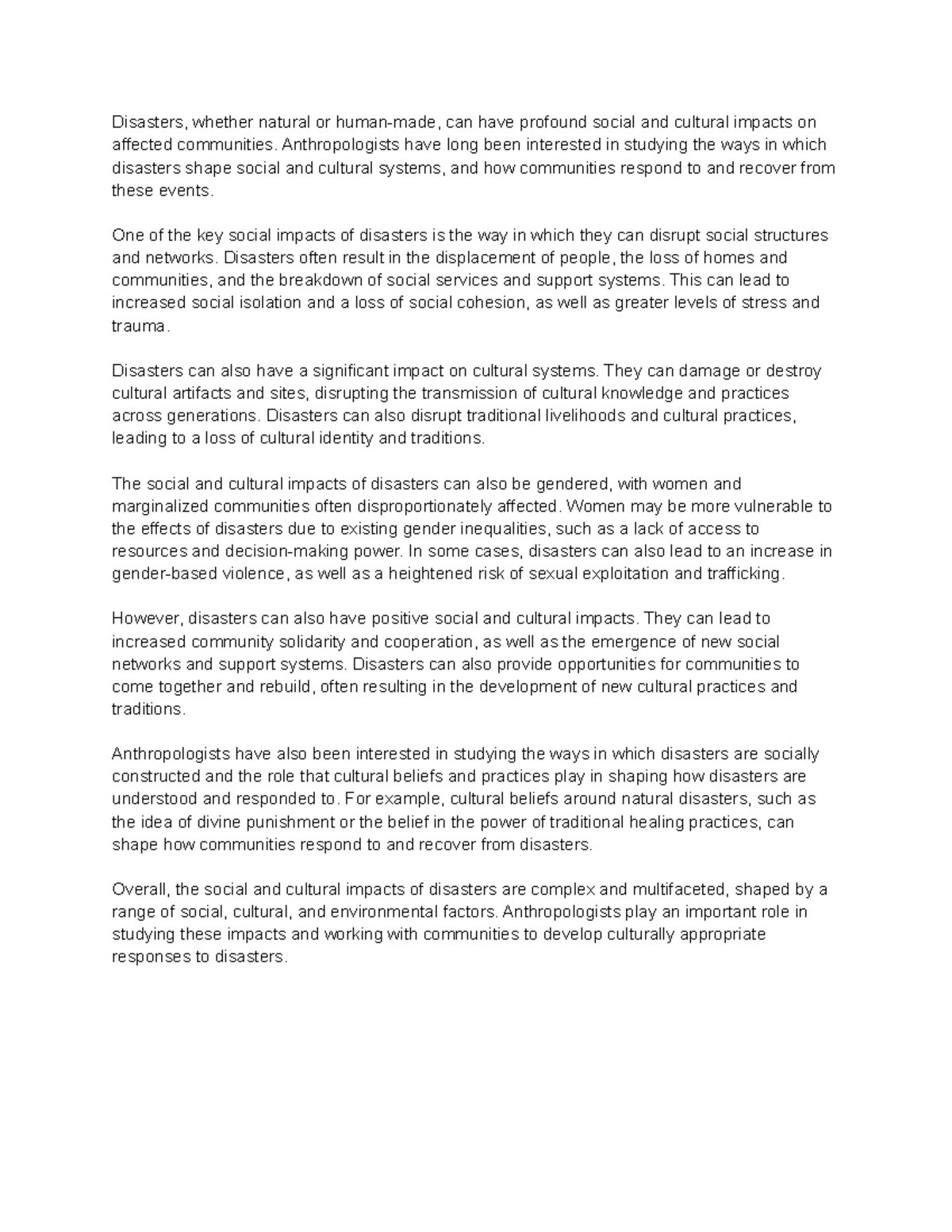 The social and cultural impact of disasters - Disasters, whether ...