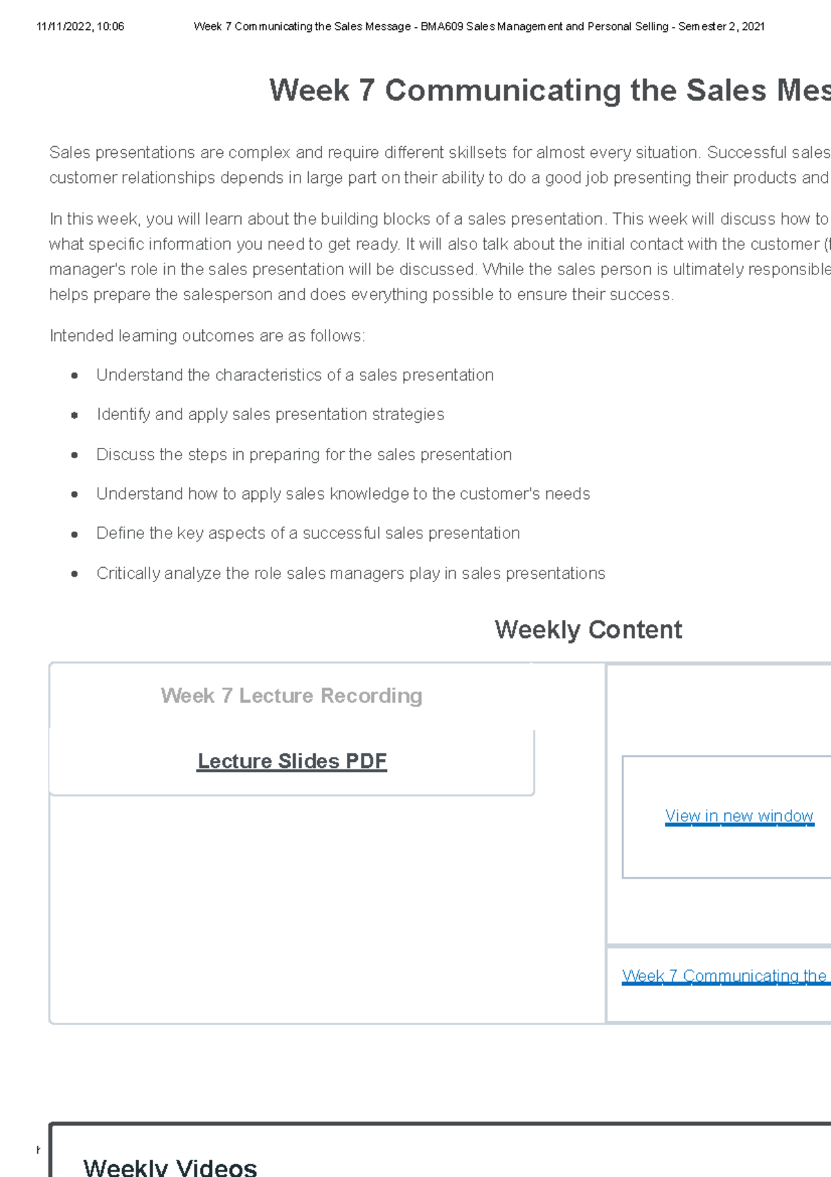 Week 7 Communicating the Sales Message - BMA609 Sales Management and ...