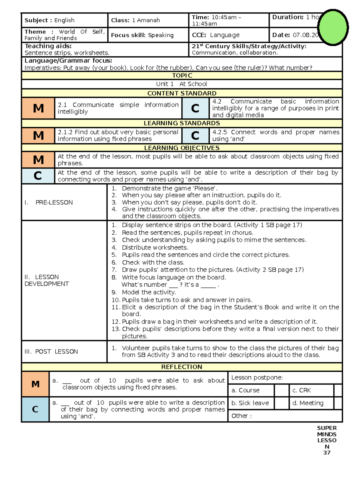 Lesson 37 - rph english - Subject : English Class: 1 Amanah Time: 10 ...