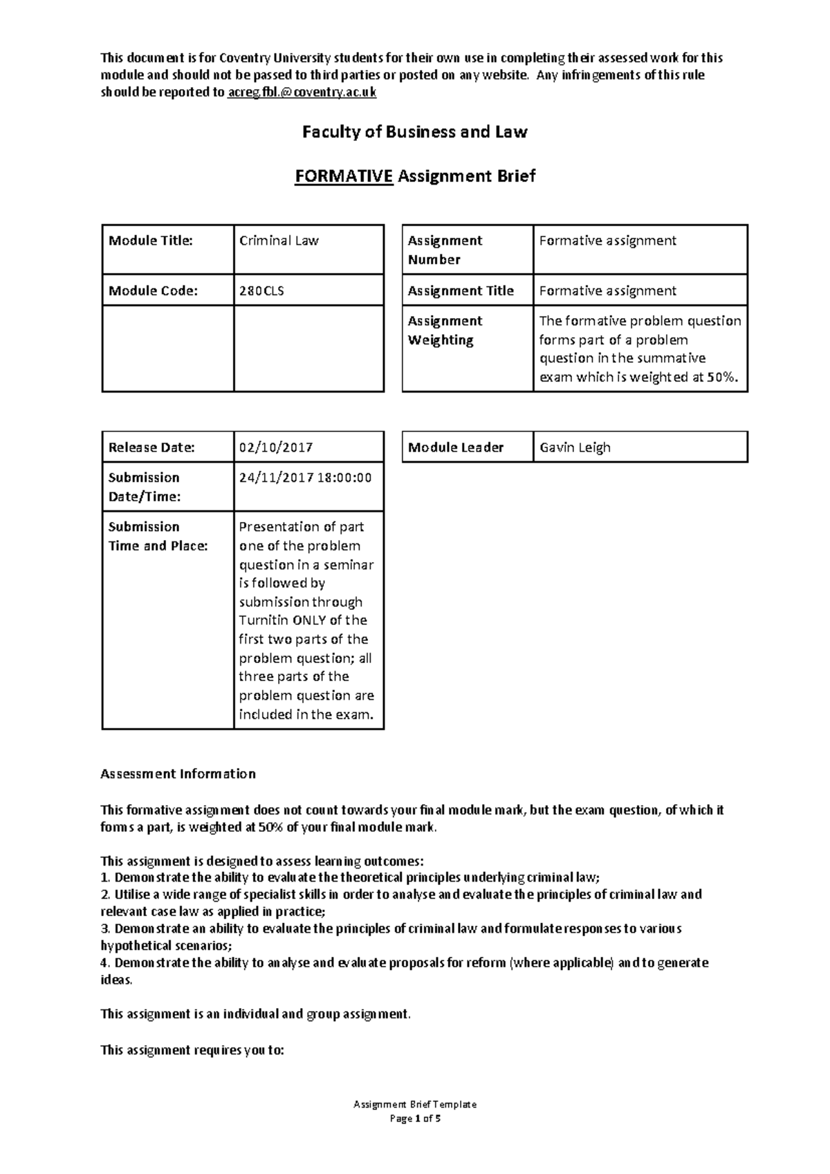 Criminal Law 280CLS - Formative Coursework - This document is for ...