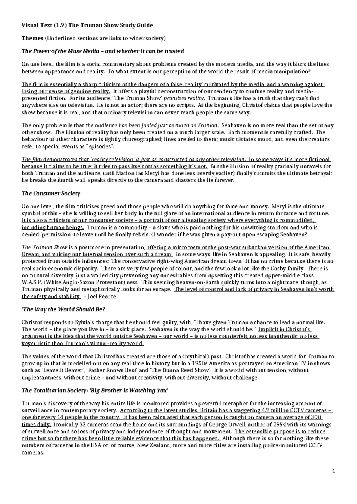 The truman show themes - Visual Text (1) The Truman Show Study Guide ...