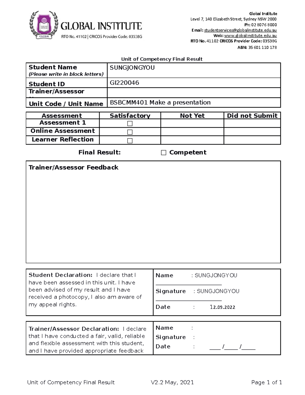 Bsbcmm 401 Unit of Competency Final Result V2 - Unit of Competency Final Result Student Name ...
