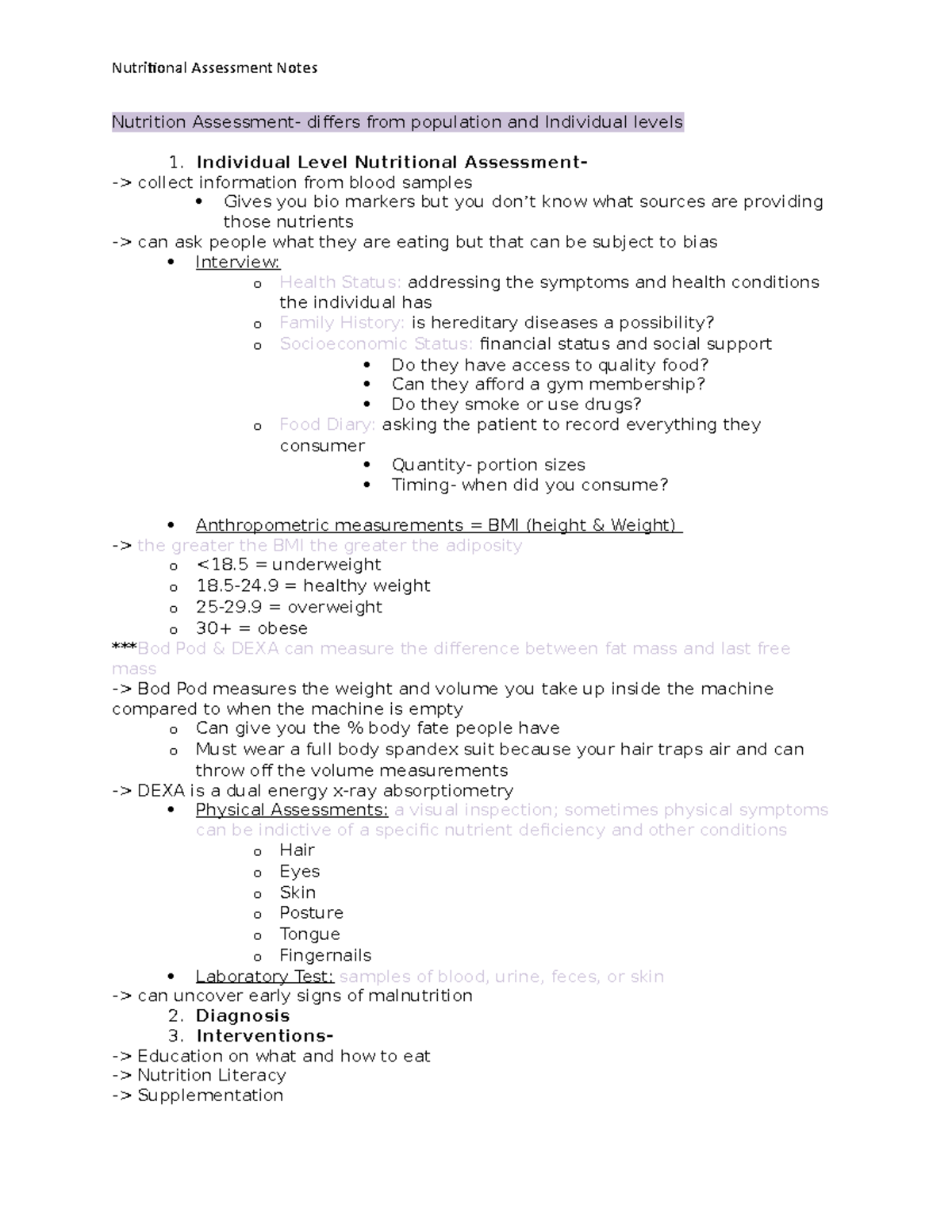 Nutritional Assessment Notes - Nutritional Assessment Notes Nutrition ...