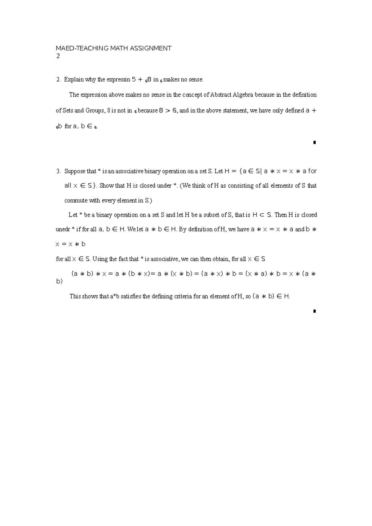 MTH 212 Assignment 2 - MAED-TEACHING MATH ASSIGNMENT 2 Explain why the ...