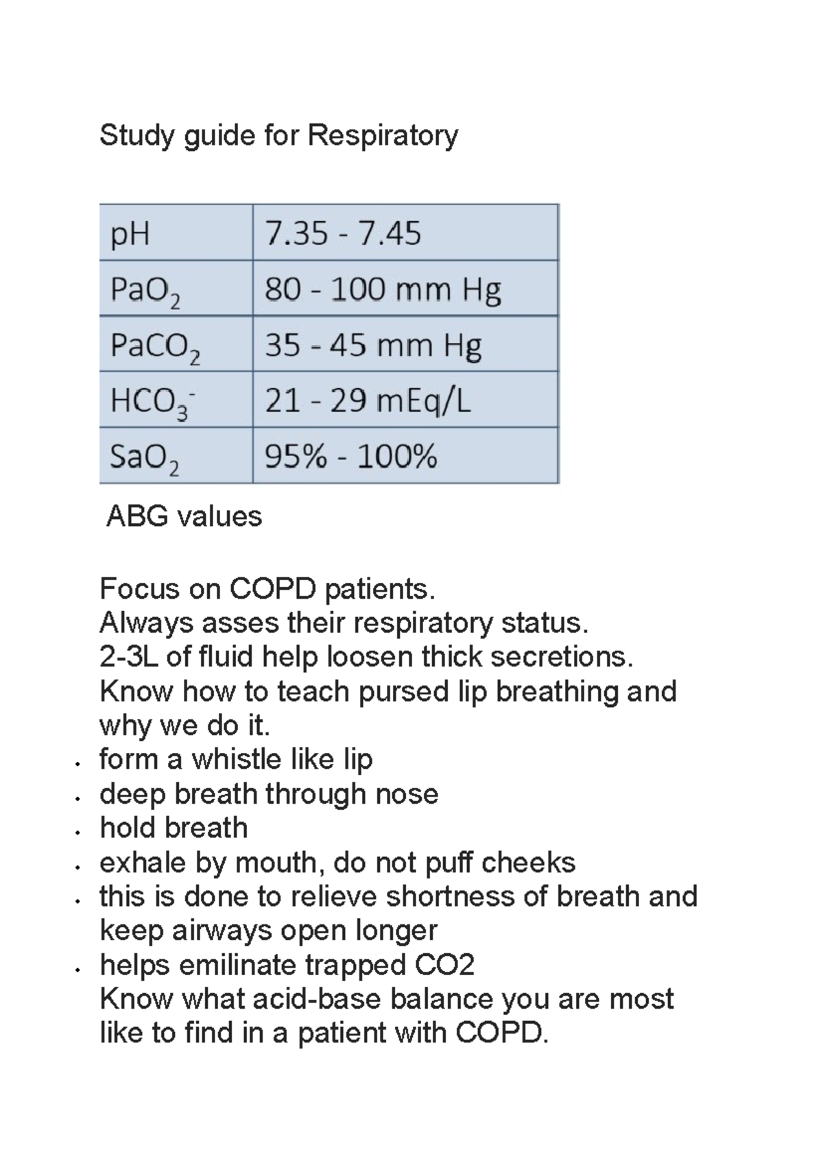 Study guide COPD 231021 225020 - Study guide for Respiratory ABG values ...