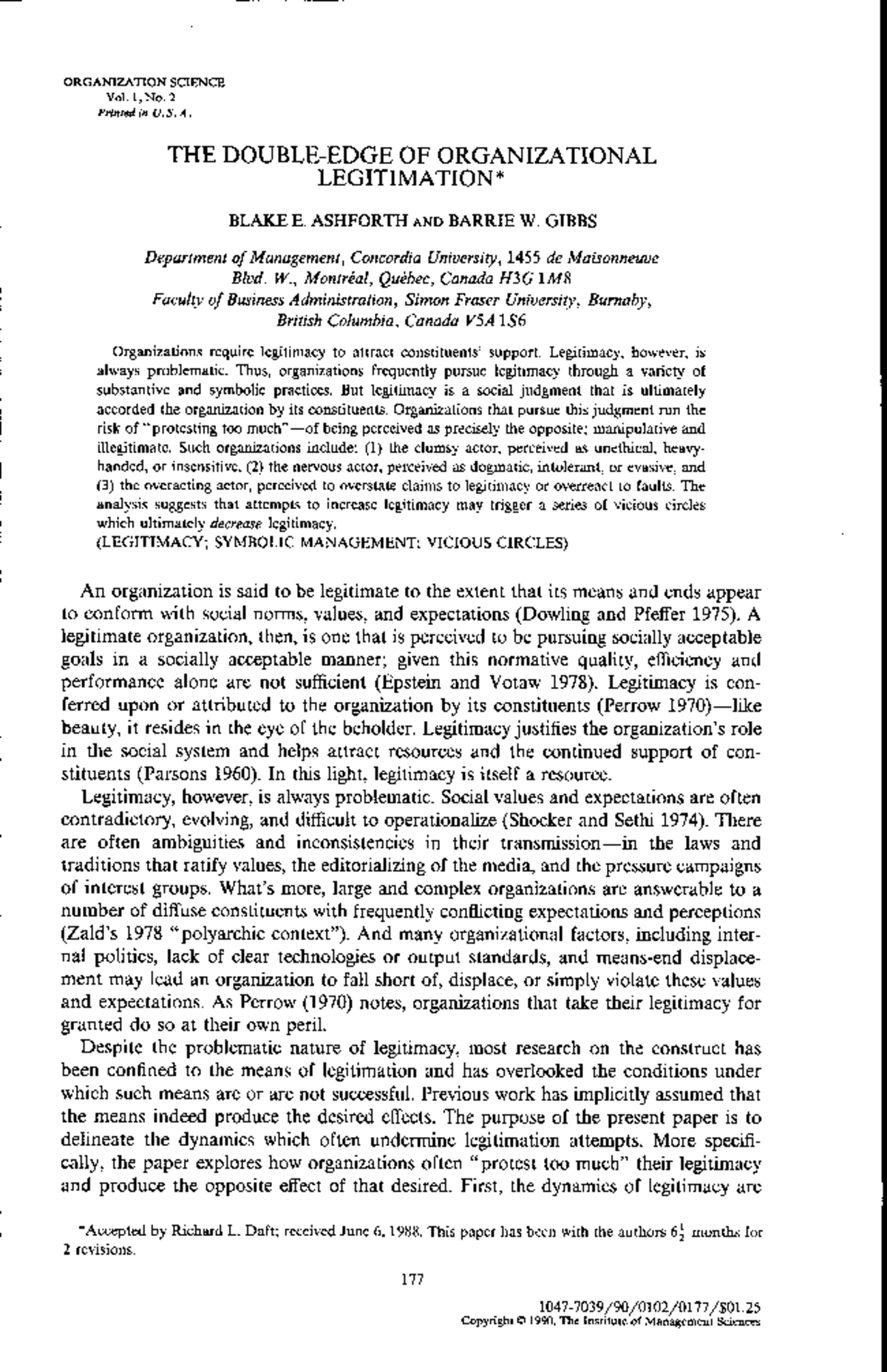 Ashforth and Gibbs 1990 - ORGANIZATION SCIENCE Vol. 1, No. 2 Primed in ...