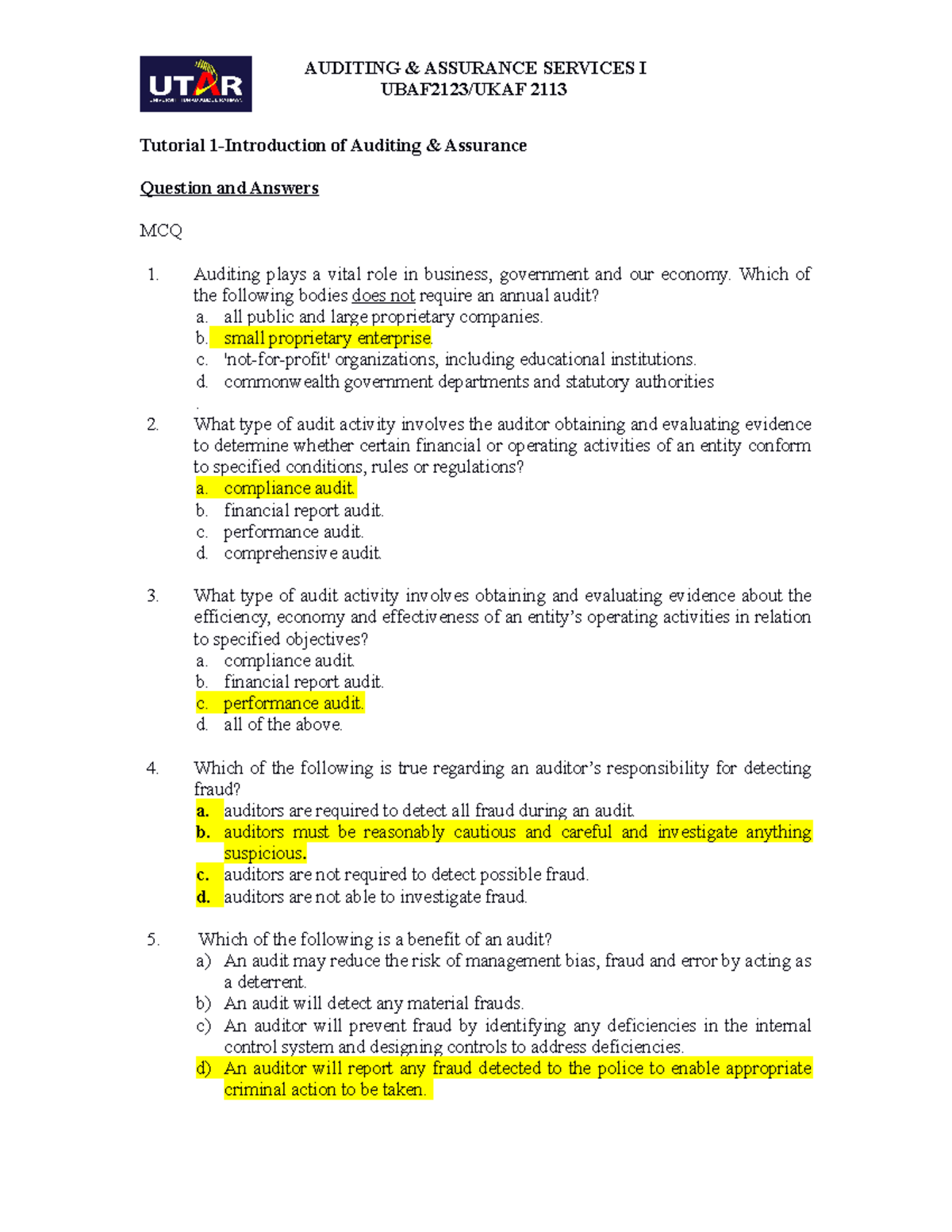 Tutorial 1 Q - UBAF2123/UKAF 2113 Tutorial 1-Introduction of Auditing & Assurance Question and ...