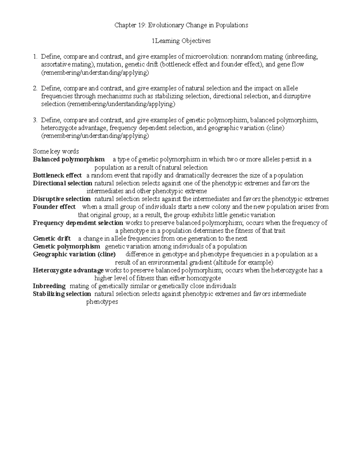 Chapter 19 notes - Chapter 19: Evolutionary Change in Populations ...