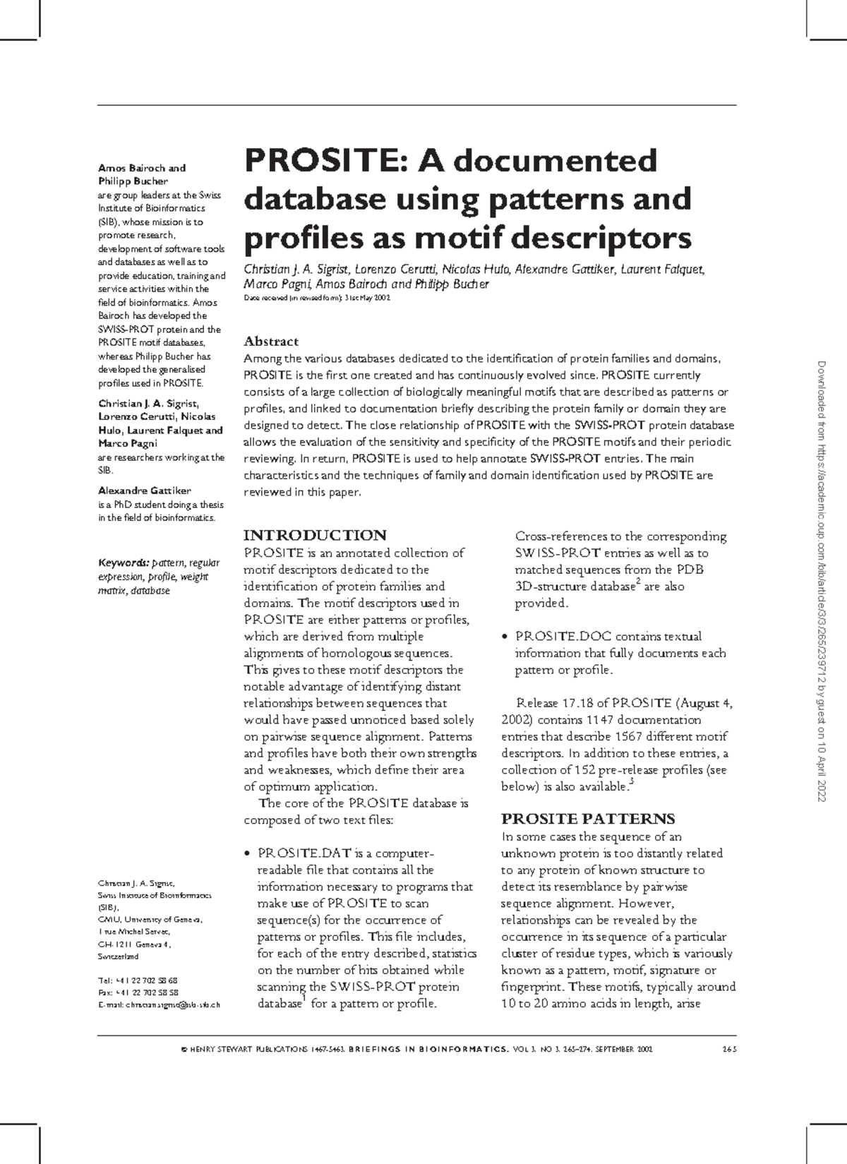 Prosite a brief note ,introduction and so on - Amos Bairoch and Philipp ...